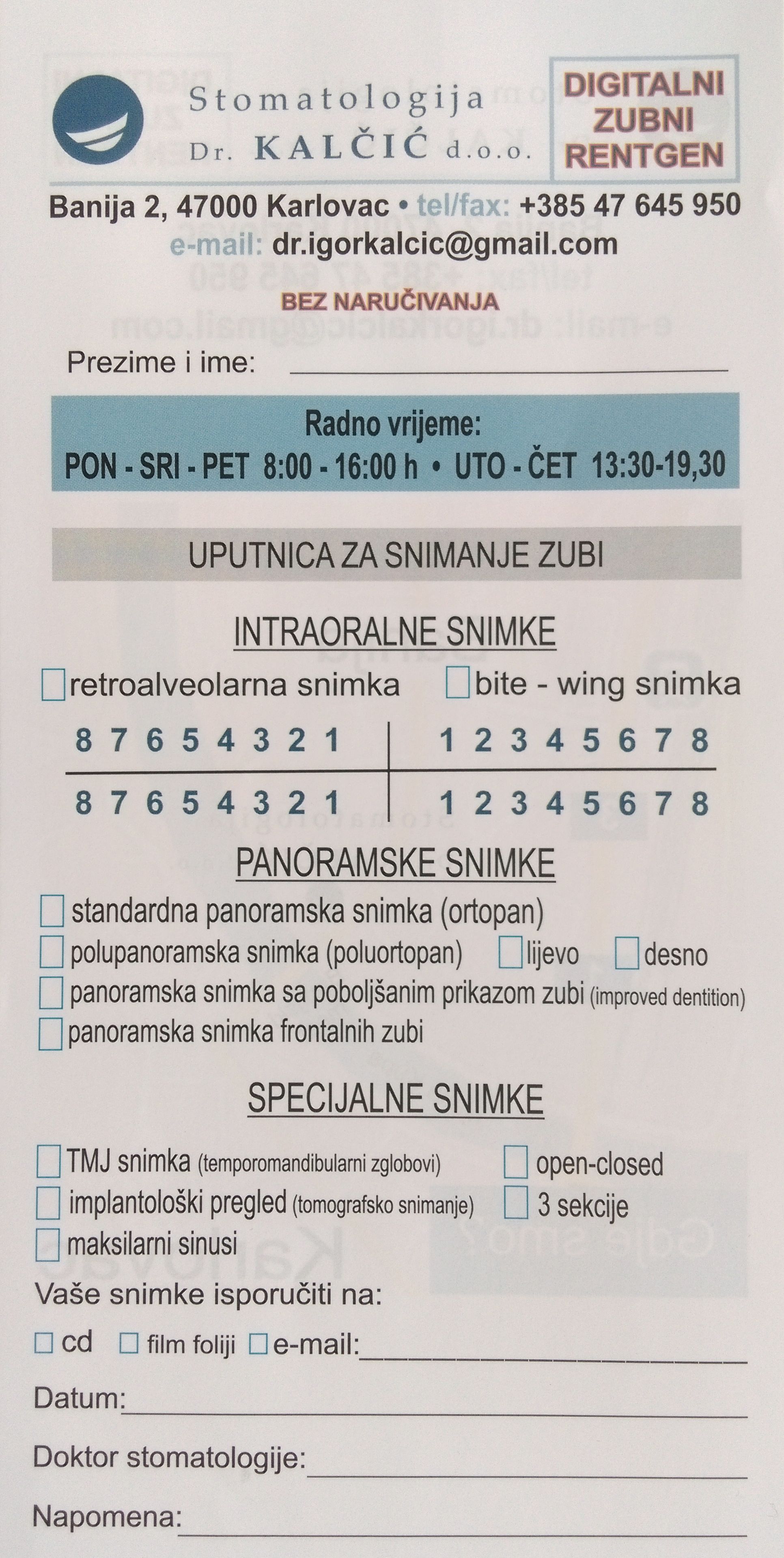 RTG – Uputnica – Stomatologija dr. Kalčić d.o.o.